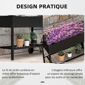 Metalová pěstební miska Outsunny se stojanem a policí 104L x 39Š x 80V cm 2 kola + zavlažovací vložka Černá
