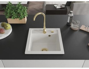 Mexen Vito, granitový dřez 520x490x210 mm, 1-komorový, bílá se zlatým sifonem, 6503521000-20-G