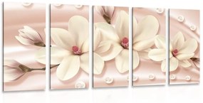 5-dílný obraz luxusní magnolie s perlami - 100x50