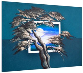 Modrý obraz stromu a východu slunce (70x50 cm)