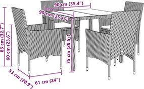 5dílný zahradní jídelní set s poduškami černý polyratan a sklo 3278538
