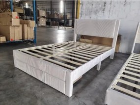 HOMCOM čalouněná postel 140 x 200 cm s čalouněným čelem a zásuvkou pro úložný prostor, dřevěné laťky, jednoduchá montáž, béžová