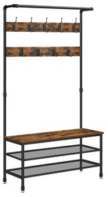 Věšák v industriálním stylu, design trubek, černý-tmavě hnědý, 187x92x41,5 cm