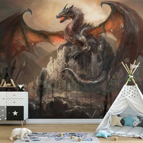 Fototapeta Drakův hrad - fantasy motiv pro děti s drakem na hradě a rytířem