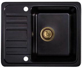 Sink Quality Sapphire, granitový kuchyňský dřez 565x460x210 mm + zlatý sifon, 1-komorový, černá, SKQ-SAP.C.1KKO.XG