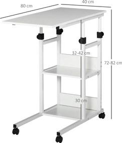 HOMCOM Odkládací stolek s kolečky Výškově nastavitelný konferenční stolek, 2 police, dřevotříska E1, bílá, 80x40x72-82 cm| Aosom