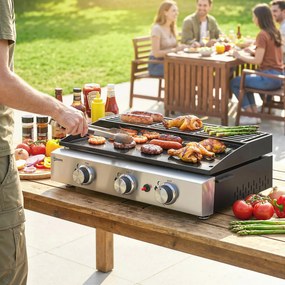 Plynový gril 7,5 KW Přenosný stolní gril se 3 hořáky Keramický lak Grilovací rošt Ohřívací rošt