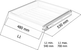 In-Design Plastová polička na prádlo plný výsuv šedá Šířka koše (mm): 480 mm, Minimální nastavitelná šířka: 540 mm, Maximální nastavitelná šířka: 700 mm