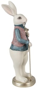 Figurka bílého králíčka v růžové vestičce, modré košilce a se zlatou hůlkou – 32 cm