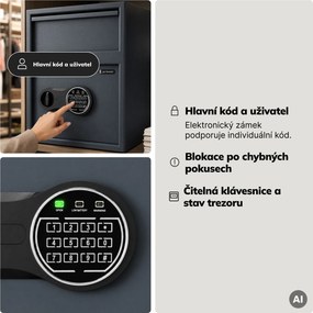 Depozitní trezor s vhozem, elektronický zámek na kód, na peníze a dokumenty, 345x455x300 mm: CEDRIC