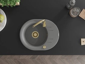 Mexen Kevin, granitový dřez 586x458x190 mm, 1-komorový, šedá se zlatým sifonem, 6517581005-71-G