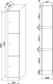 Šatní skříňka S1 s úložnými boxy, 3 boxy, 1850 x 300 x 500 mm, mechanický kódový zámek, laminované dveře, dub přírodní
