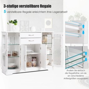 Costway Dřevěná úložná skříň s dvířky a zásuvkami z tvrzeného skla v bílé barvě