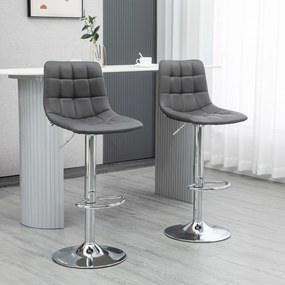 HOMCOM Sada 2 barových židlí z imitace kůže s opěradlem, otočné kuchyňské a obývací židle s opěrkou nohou, 42x45x89-110cm, Šedé