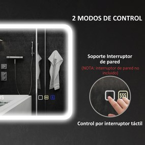 HOMCOM koupelnové zrcadlo s LED světlem 70x50 cm s Bluetooth, 3 barvy světla, digitální hodiny, funkce proti zamlžení, paměťová funkce