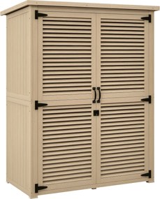 Outsunny Dřevěná Kůlna 0.83 m² 127x65x168 cm Exteriérový Dřevěný Kroužek se 2 Závěsnými Dveřmi, 2 Policemi, 2 Rukojeťmi a Voděodolnou Stříškou pro Zah