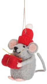 sass & belle Plstěná vánoční ozdoba Festive Gifting Mouse Dáreček, červená barva, šedá barva, textil