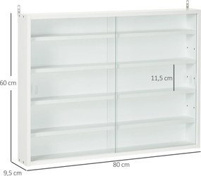 HOMCOM Nástěnná vitrína s nastavitelnými policemi a 2 posuvnými skleněnými dveřmi na kolekce parfémů a dekorativních figurín 80x9,5x60 cm Bílá