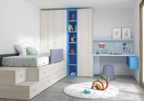 ROS1 11mood - dětský pokoj s vyvýšenou postelí se zásuvkami, šatní skříní a psacím koutem
