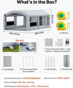 Nafukovací lakovací kabina, 8 × 4,5 × 3 m VEVOR – 6,8 × 3,6 × 2,5 m