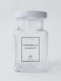 Samolepka na kořenky MOZZARELLA S RAJČATY průhledná 3 × 4 cm základní písmo