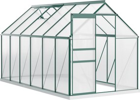 Zahradní skleník Outsunny z polykarbonátu 190x375x199cm s otevíracím oknem a skládacími dveřmi, hliníkový rám, zelený | Aosom