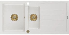 Mexen Andres granitový dřez 1,5-komorový s odkapávačem 1000 x 500 mm, bílý, zlatý sifon - 6515101510-20-G