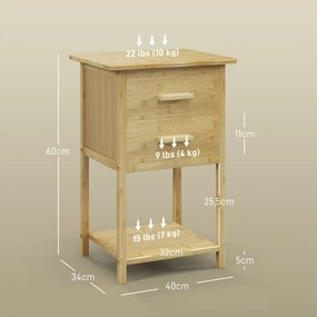 HOMCOM Sada nočních stolků 2 kusy, noční stolek s šuplíkem, policí, úchytkou, do ložnice, obývacího pokoje, přírodní, 40 x 34 x 60 cm