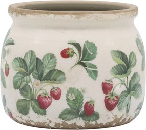 Krémový antik keramický obal na květináč s jahůdkami Fraises - Ø 12*9 cm