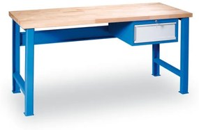 Výškově nastavitelný pracovní stůl GÜDE Variant se závěsným boxem na nářadí, buková spárovka, 1 zásuvka, 1500 x 685 x 850 - 1050 mm, modrá