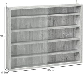 HOMCOM Vitrína na zeď 80 x 9,5 x 60 cm se 4 nastavitelnými policemi a 2 posuvnými skleněnými dveřmi, pro sbírku miniatur a aut, šedá