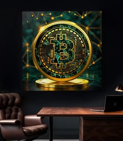 Obraz na plátně - Bitcoin, zářící zlatý emerald FeelHappy.cz Velikost obrazu: 40 x 40 cm