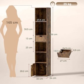 HOMCOM úzká knihovna s šuplíkem, skříňkou a otevřenými policemi, rustikální hnědá, 30 × 24 × 158 cm
