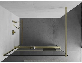 Mexen Kioto+, sprchová zástěna Walk-In s poličkou a věšákem 100 x 200 cm, 8mm čiré sklo černý vzor, ​​zlatý matný profil, 800-100-121-55-70