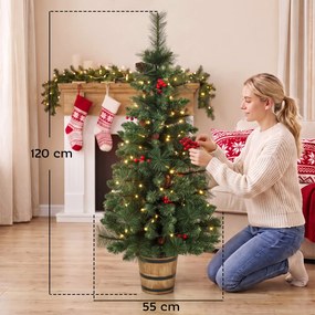 HOMCOM Umělý vánoční stromek, 120 cm Jedle s 100 LED osvětlením 131 špiček Bobule, 2 barvy světla, Dálkové ovládání