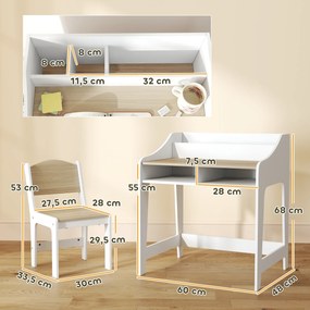 Dětský psací stůl s úložným prostorem, otevřené přihrádky, židle, 3-8 let, dřevo