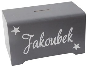 Dřevěná pokladnička pro děti se jménem - tmavě šedá