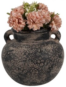 Černo-šedý keramický obal na květináč/ váza s uchy a květy - Ø 16*14 cm