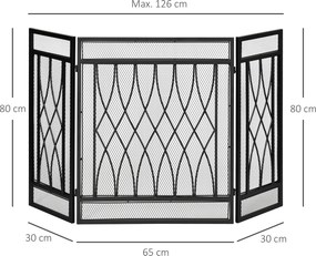 HOMCOM Skládací Ochranná Zástěna Krbu s 3 Panelovým Kloubovým Kovovým Rámem 126x3x80 cm Černá