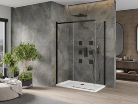 Mexen Omega, sprchový kout s posuvnými dveřmi 130 (dveře) x 70 (stěna) cm, 8mm čiré sklo, černý profil + slim sprchová vanička bílá s černým sifonem, 825-130-070-70-00-4010B