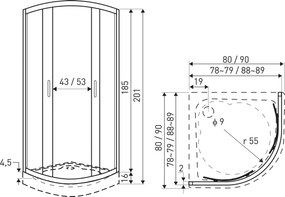 Novoterm Čtvrtkruhový sprchový kout NV-Aruba BL 90 SV, černý/transparent + vanička bílá