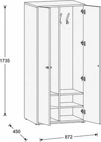 Šatní skříň FRAME, 2 oddíly, 872 x 450 x 1735 mm, PUSH-lock, ořech