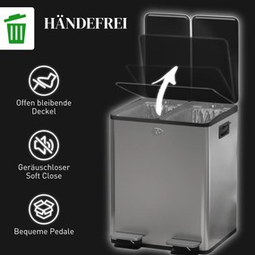 2 x 20litrové dvojité odpadkové koše, otevírání pomocí pedálu, snadné čištění, nerezová ocel, plast, stříbrná barva