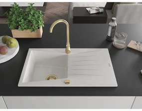 Mexen Cesar, granitový dřez 775x470x190 mm, 1-komorový, bílá se zlatým sifonem, 6514771010-20-G