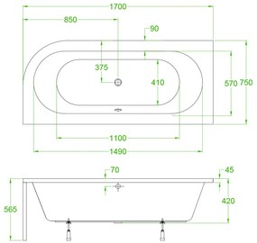 BPS-koupelny Akrylátová asymetrická vana s krycím panelem HYD-EBI170L 170x75 cm LEVÁ, bílá
