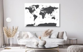 Obraz na korku mapa světa s jednotlivými státy v šedé barvě