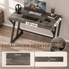 HOMCOM počítačový stůl 120 × 60 cm – industriální Z-rám, patinovaná šedá