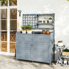 Outsunny světle šedý zahradní stůl na přesazování se skříňkou a pozinkovanou pracovní deskou, 2 zásuvky — 104 x 44 x 140 cm