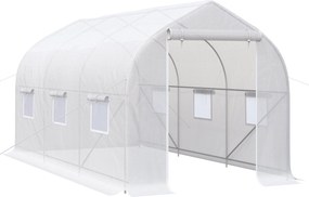 Zahradní skleník Outsunny 4x2x2 m tunelového typu s 6 větracími okny a rolovacím zipovým dveřmi pro pěstování rostlin a zeleniny, bílý | Aosom