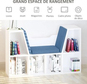 HOMCOM Knihovna s lavicí 2 v 1 Moderní design 6 oddílů 3 polštáře 102Š x 30H x 61V cm Bílá Modrá